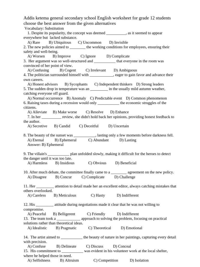 Vocabulary Questions For Grade 12 | PDF