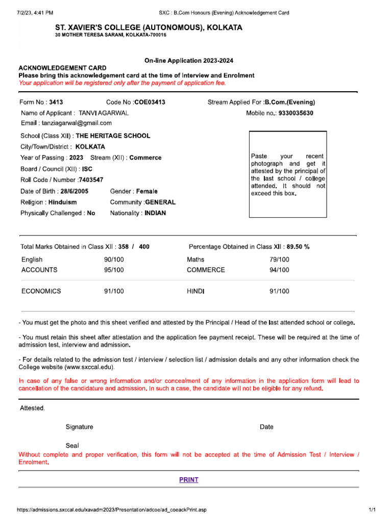SXC - B.Com Honours (Evening) Acknowledgement Card | PDF