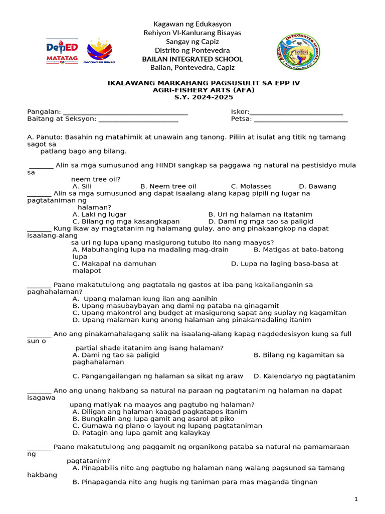 REVIEWER_IKALAWANG MARKAHANG PAGSUSULIT SA_G4 MATATAG EPP-AFA 4 | PDF