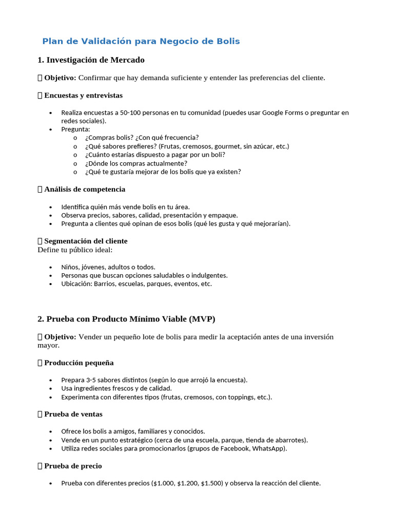Investigación de Mercado: Plan de Validación para Negocio de Bolis | PDF