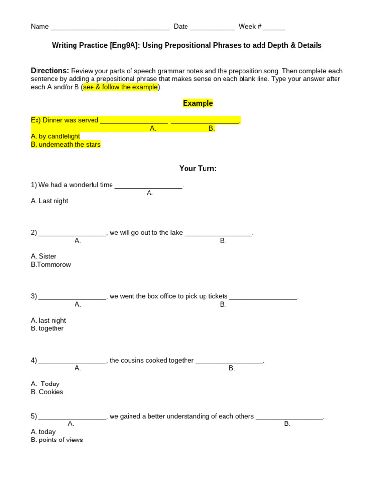 Writing Practice - Using Prepositional Phrases To Add Depth and Details ...