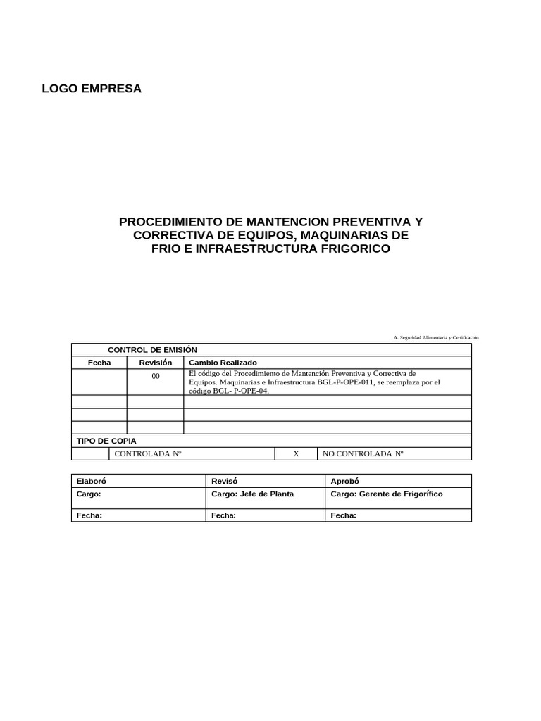 Pts Procedimiento de Mantencion Preventiva Camara de Frio Frigorifico | PDF | Software | Agua