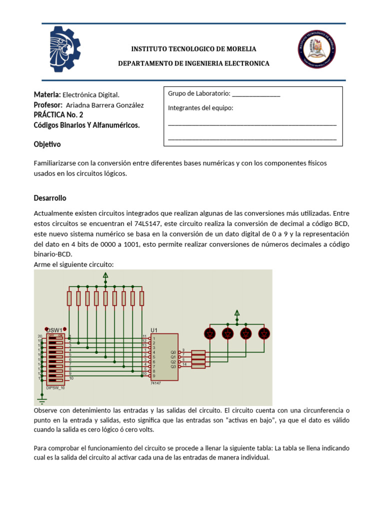 PRACTICA 2 Códigos Binarios Y Alfanuméricos 1 | PDF | Decimal codificado en binario | Electrónica