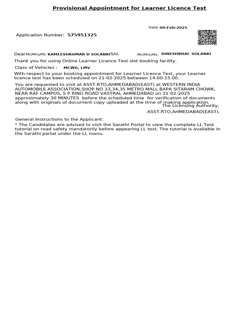 Provisional Appointment For Learner Licence Test | PDF