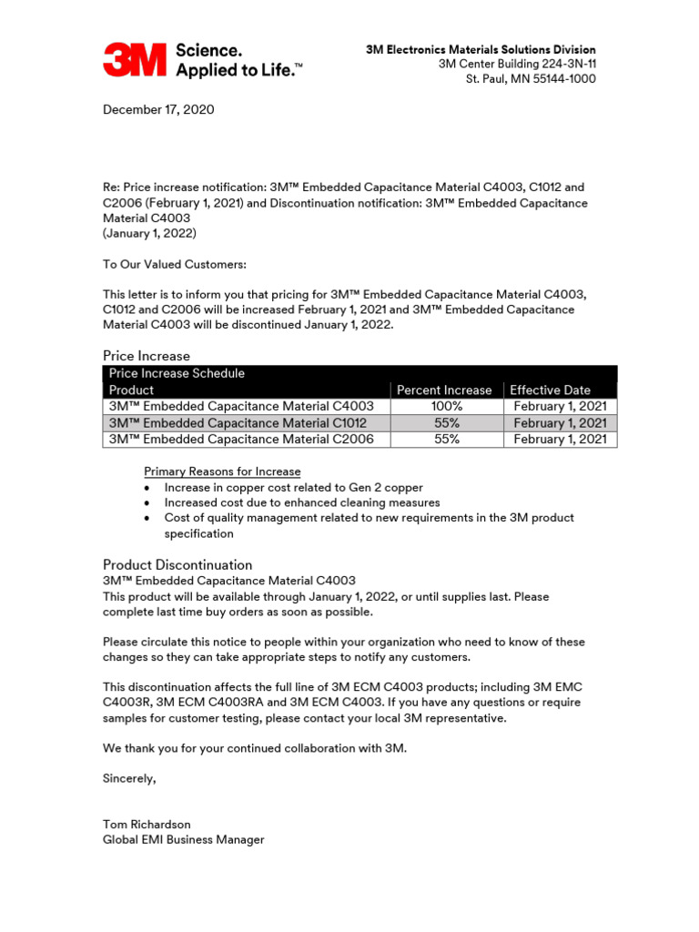 3M - Price Increase Notification - February 1, 2021 | PDF