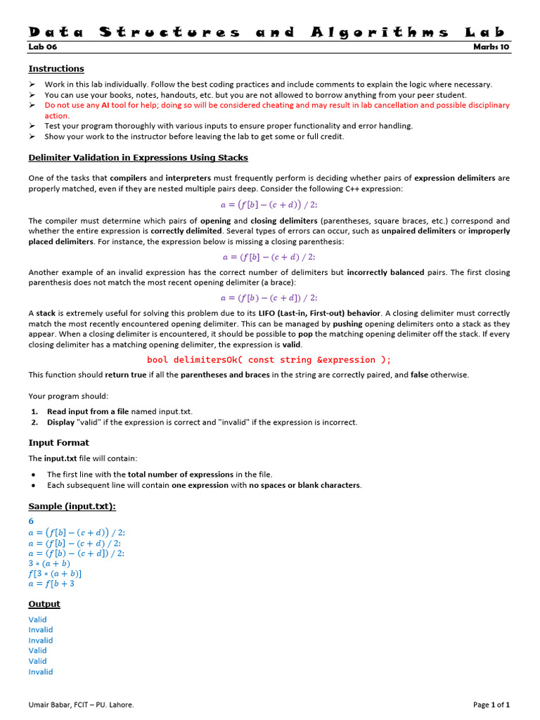 06 Lab - Delimiter Validation in Expressions Using Stacks | PDF | Bracket | Software Development