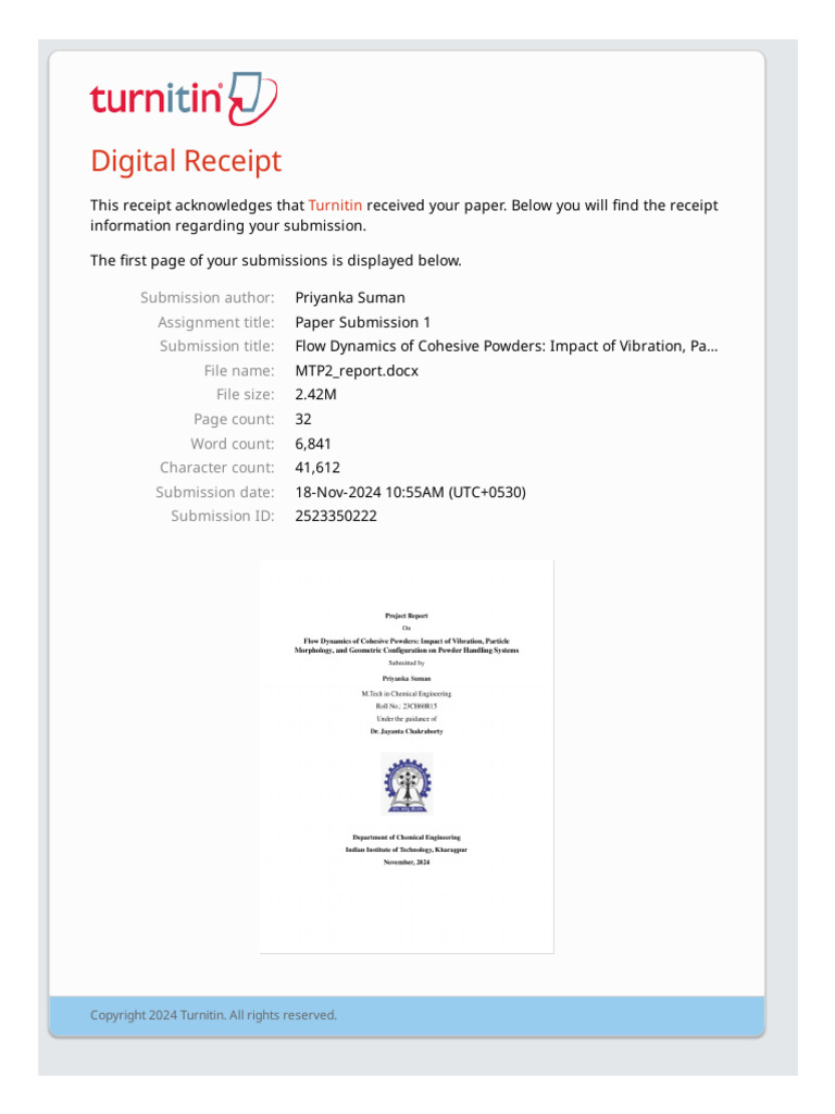 Receipt - Flow Dynamics of Cohesive Powders - Impact of Vibration ...