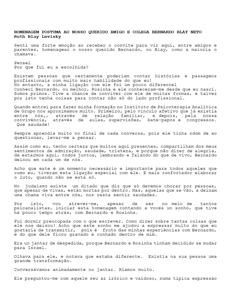 Blay Levisky, Ruth. Homenagem Postuma Ao Nosso Querido Amigo e Colega ...