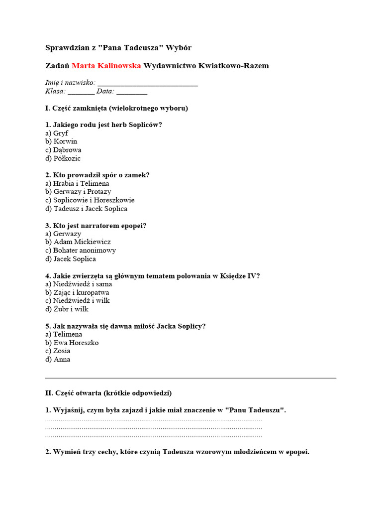 Pan Tadeusz TEST | PDF