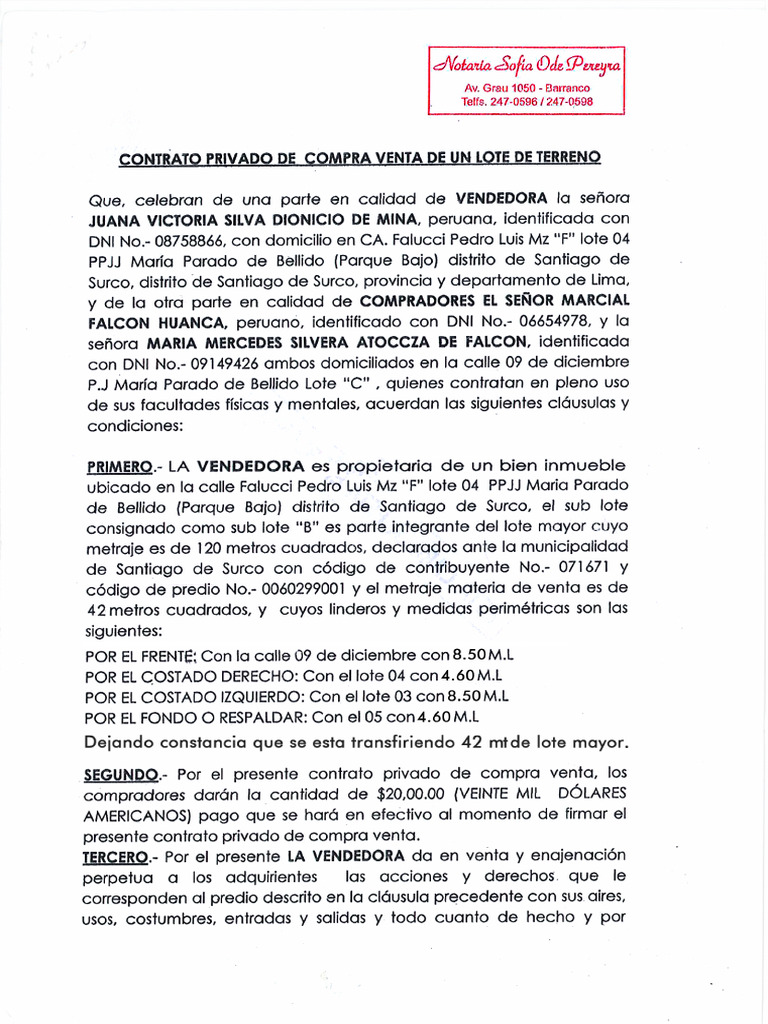 Contrato Privado de Compra Venta de Un Lote de Terreno PDF | PDF