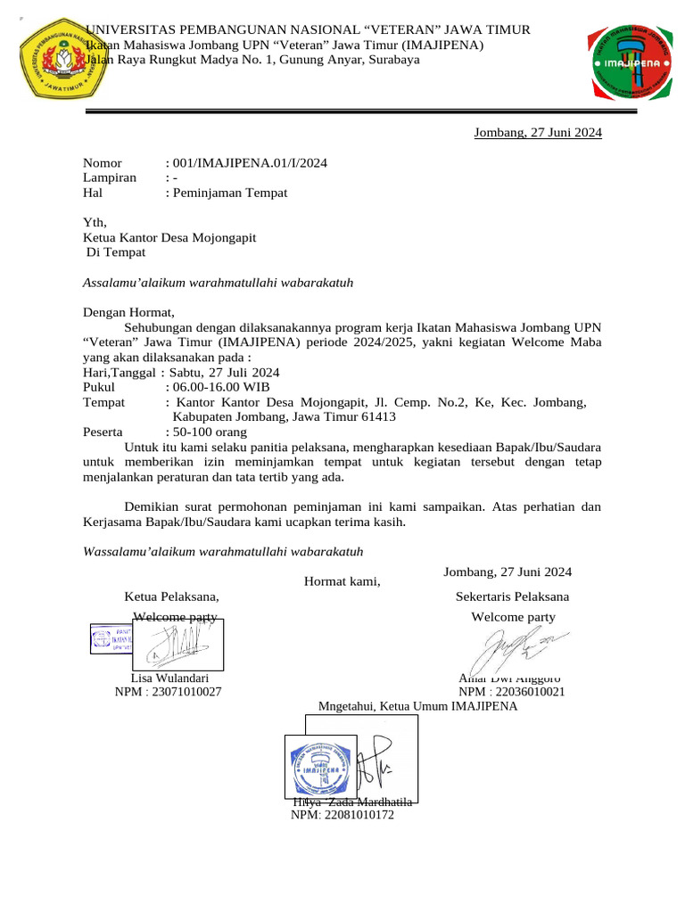 SURAT IZIN PEMINJAMAN TEMPAT WELCOME MABA | PDF