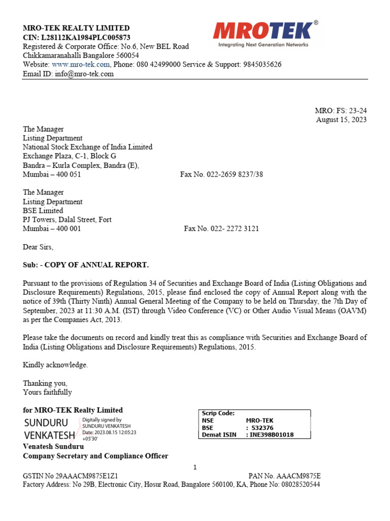 MRO Tek - FY23 | PDF | Loans | Electronic Voting
