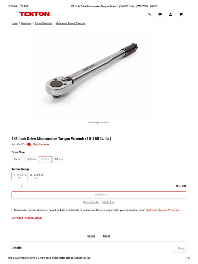 1/2" Micrometer Torque Wrench 10-150 ft-lb | PDF