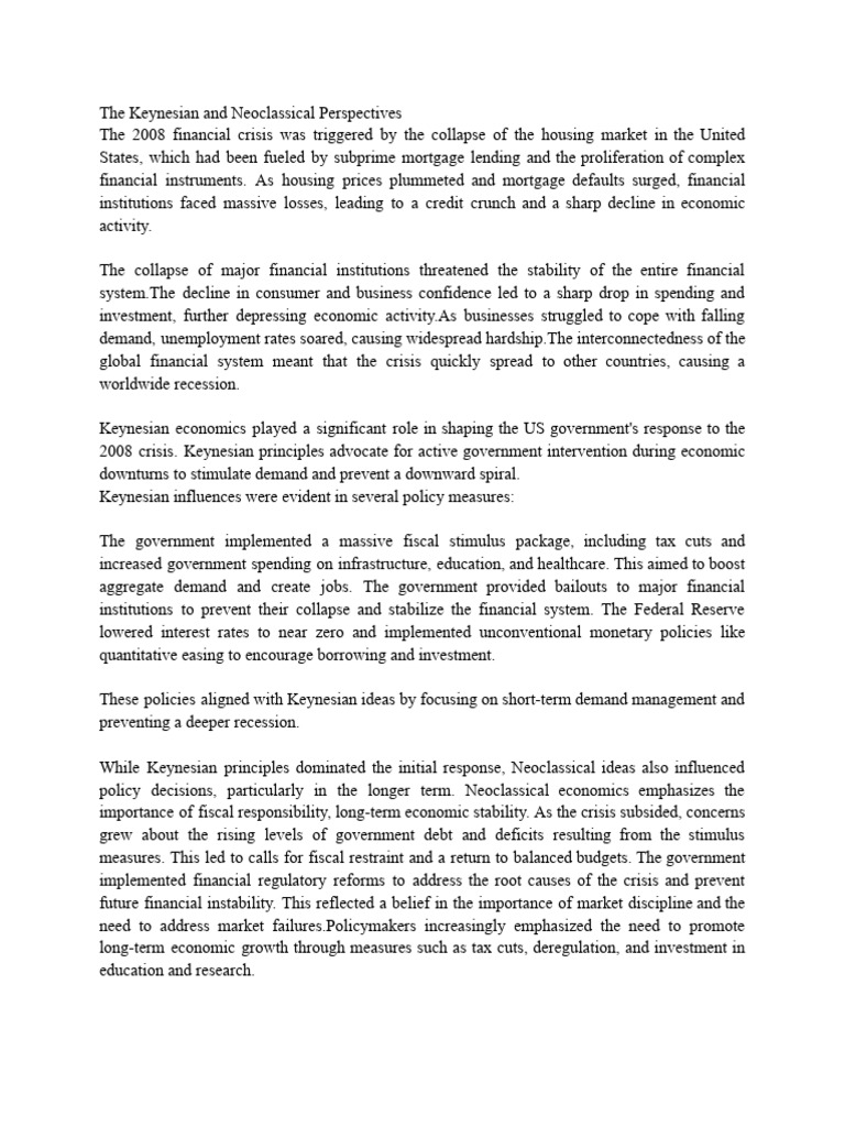 Keynesian vs. Neoclassical Responses to 2008 Crisis | PDF | Fiscal ...