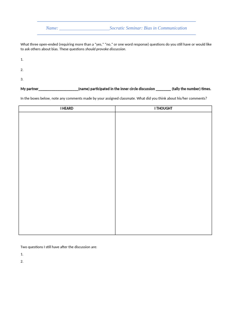 Socratic Seminar Worksheet-Bias in Communication | PDF