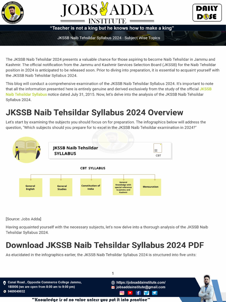 Recruitment Syllabus JKSSB Naib Tehsildar Syllabus 2024 Subject Wise ...