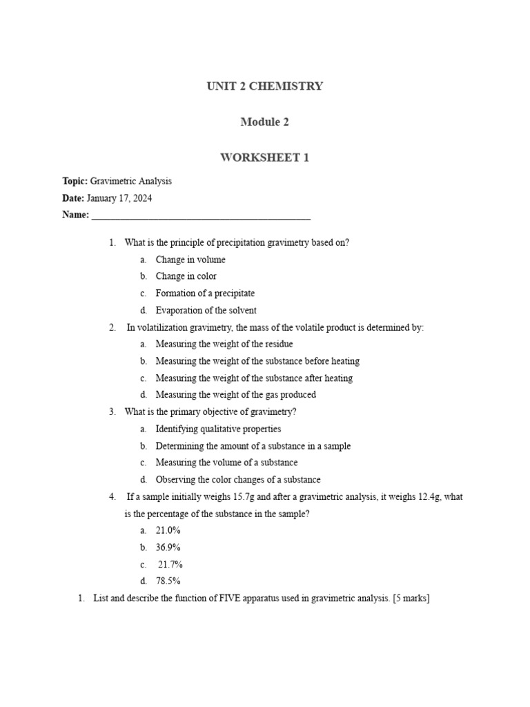 Gravimetric Analysis Worksheet | PDF | Precipitation (Chemistry ...