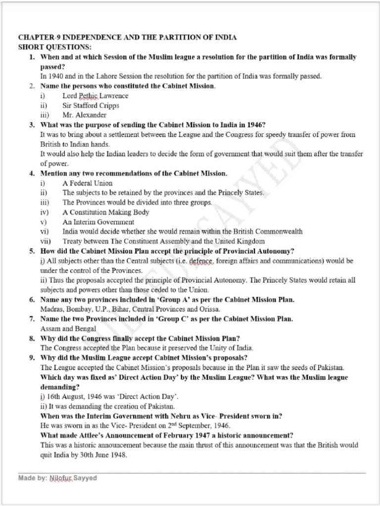 Chp-9 INDEPENDENCE AND THE PARTITION OF INDIA | PDF | Partition Of ...