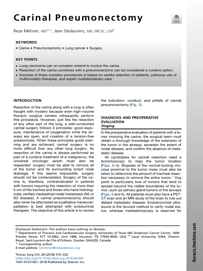 Carinal Pneumonectomy Overview | PDF | Surgery | Lung Cancer
