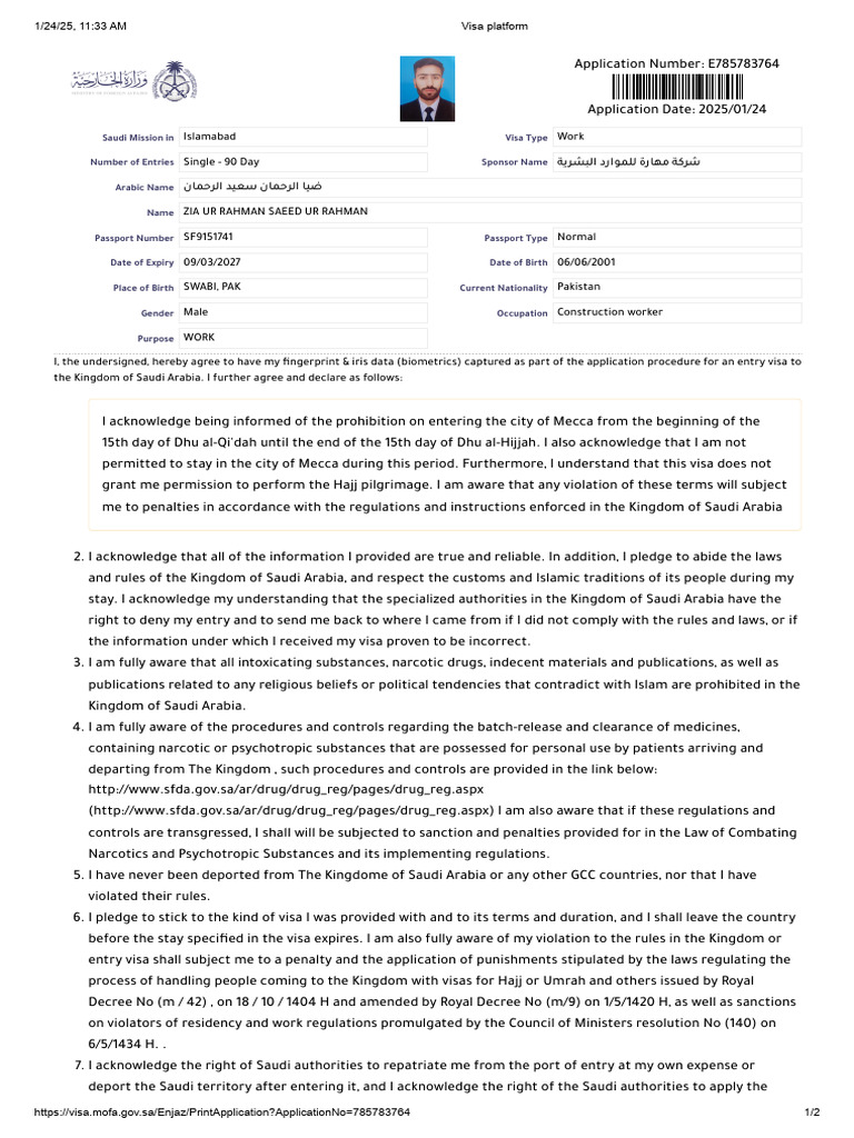 Zia Ur Rahman Sf9151741 | PDF | Travel Visa | Saudi Arabia