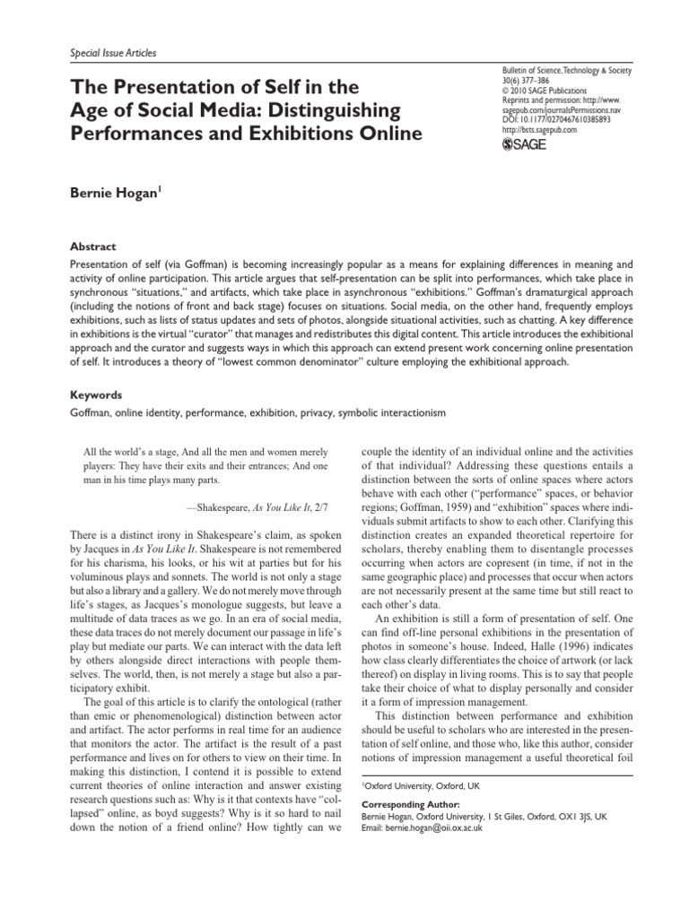 Hogan 2010 The Presentation of Self in The Age of Social Media ...