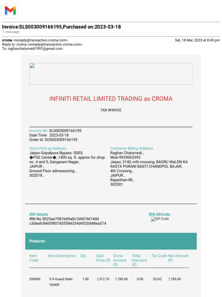 Vguard Gmail - Invoice - SLS003009166195, Purchased On - 2023-03-18 ...