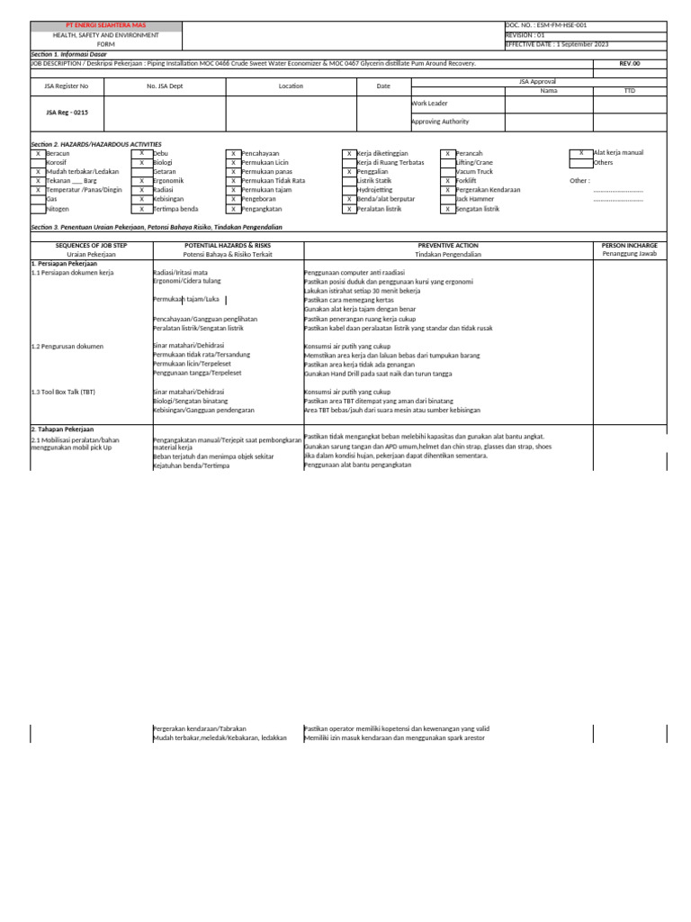 JSA Reg - 0215 Piping Installation MOC No 0466 Crude Sweet Water ...