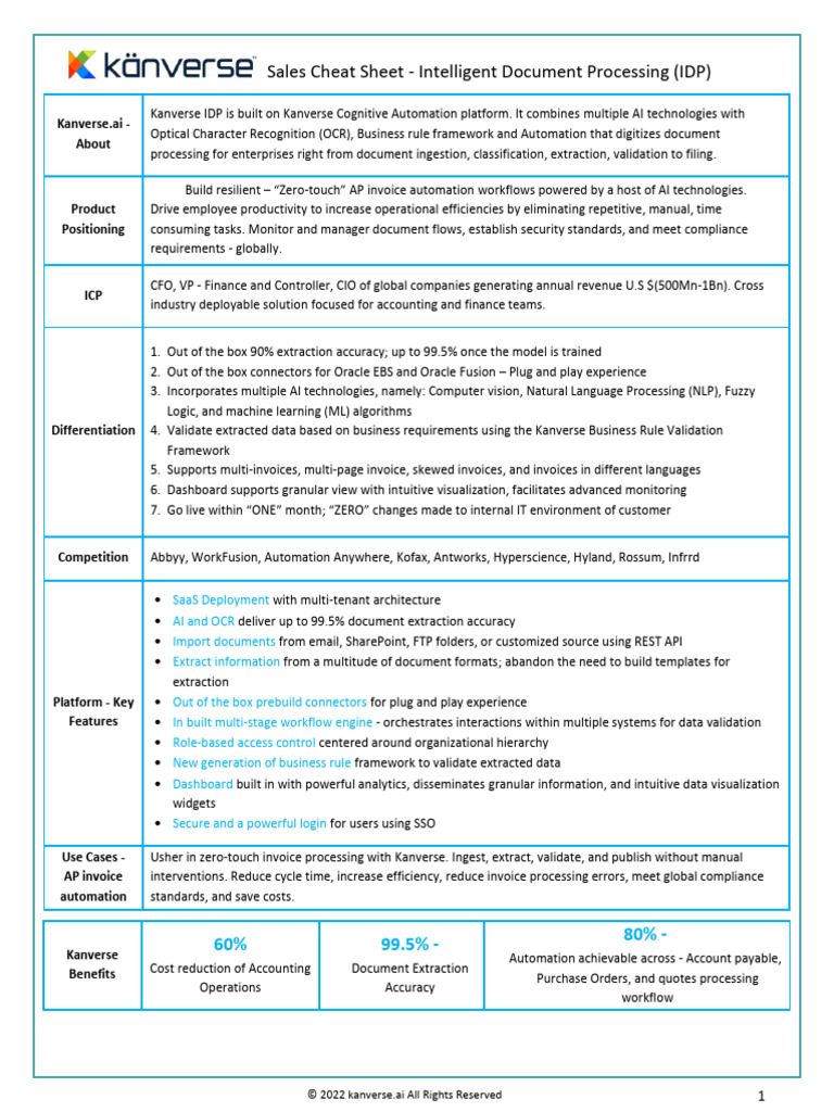 Kanverse IDP Sales Cheat Sheet | PDF | Accounts Payable | Artificial ...