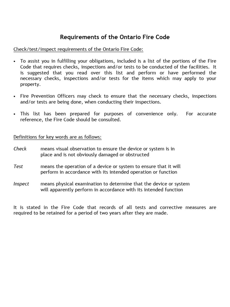 Ontario Fire Code Inspection Requirements | PDF | Fire Sprinkler System ...