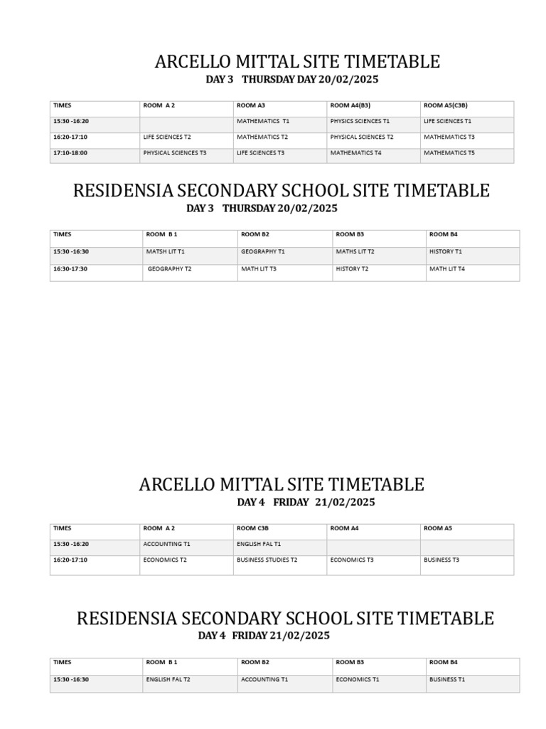 Arcello Mittal & Residensia Timetable | PDF