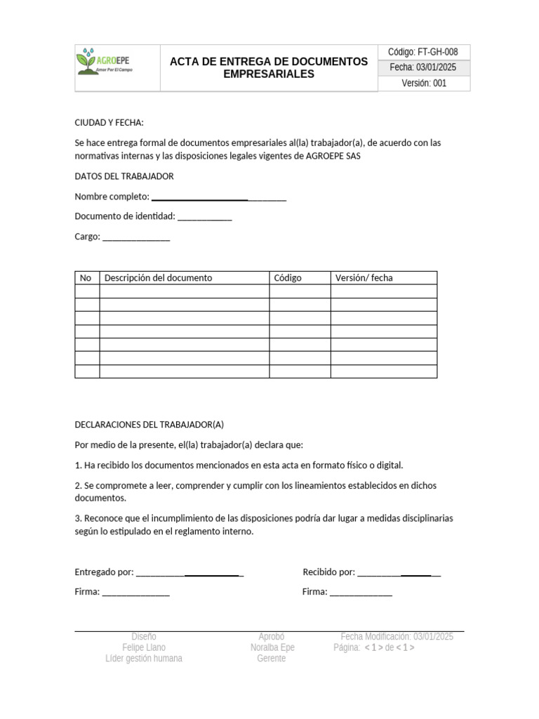 Ft-gh-008 Acta de Entrega de Documentos Empresariales | PDF