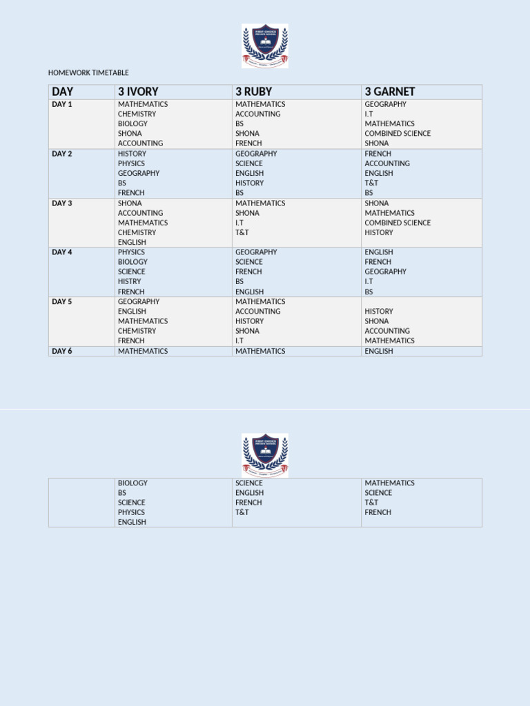 2024_Revised_Homework_Timetable_-_Form_3-2 | PDF