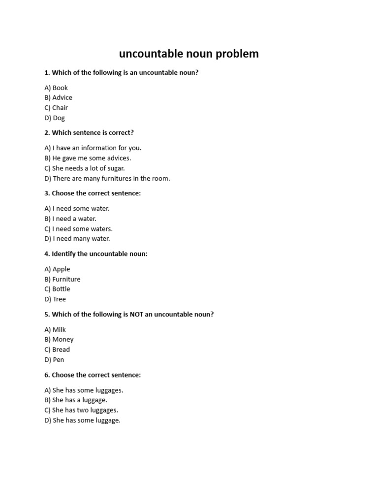 uncountable noun problem question | PDF | Noun | Syntax
