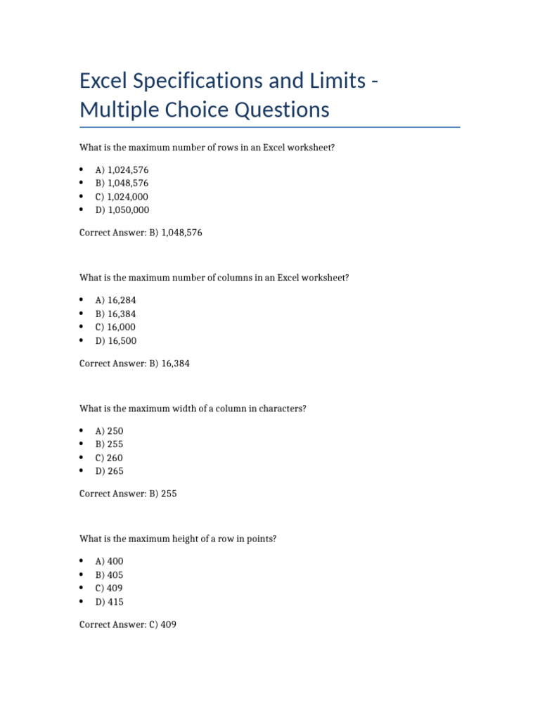 Excel Specifications MCQs | PDF | Microsoft Excel | Worksheet
