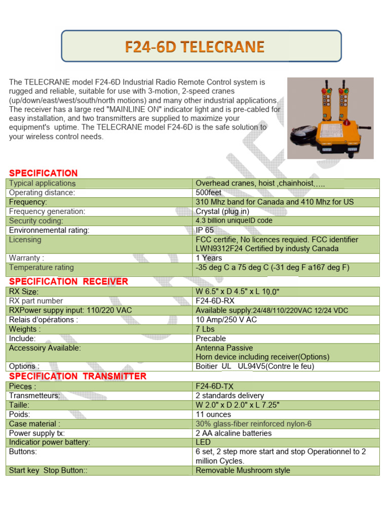TELECRANE F24-6D Remote Control System | PDF | Transmitter ...