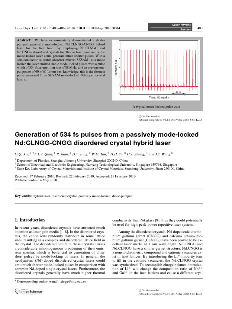 Generation of 534 Fs Pulses From A Passively Mode-Locked ND:CLNGG-CNGG Disordered Crystal Hybrid ...