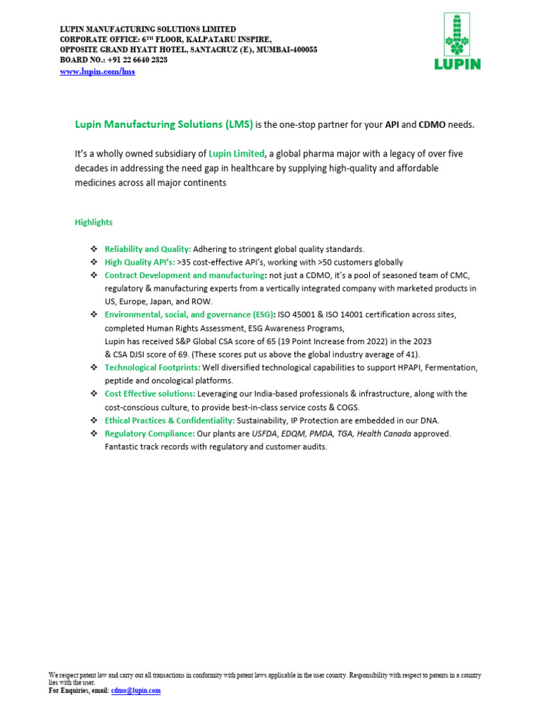 Lupin Manufacturing Solutions API List | PDF