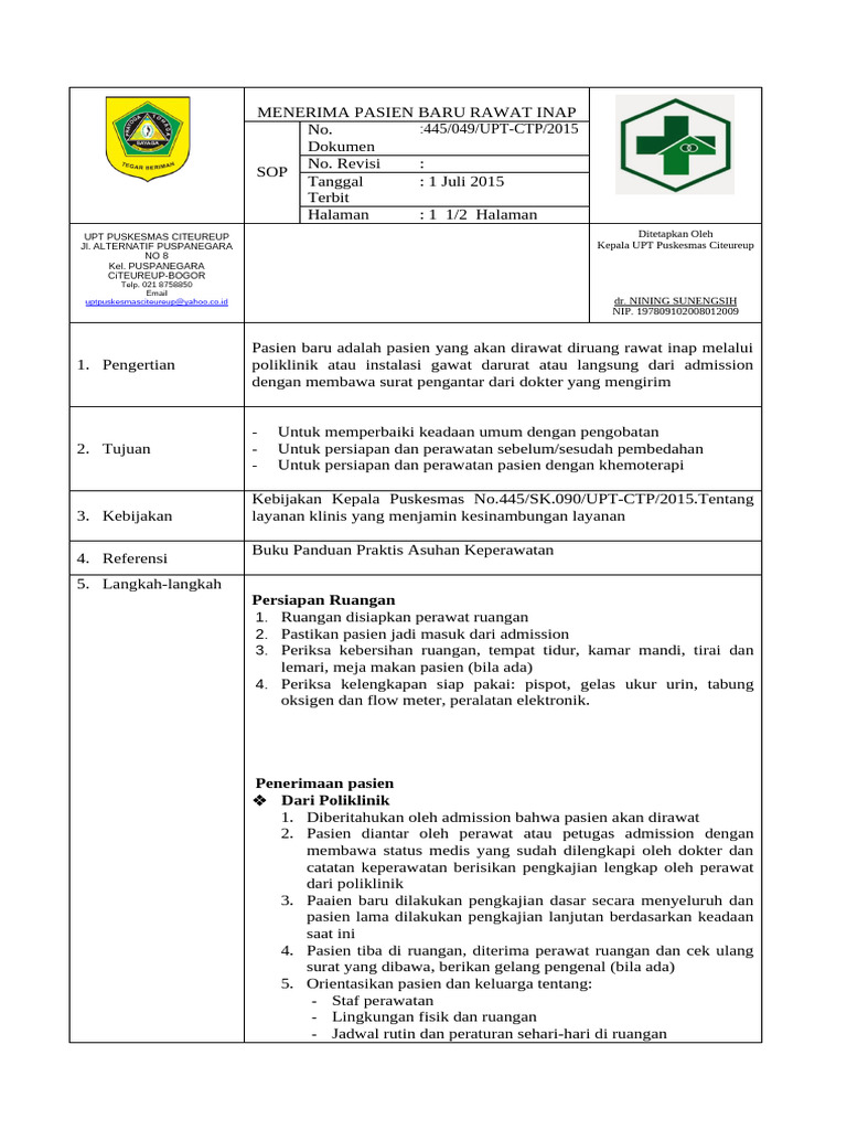 SOP Penerimaan Pasien Baru Inap | PDF