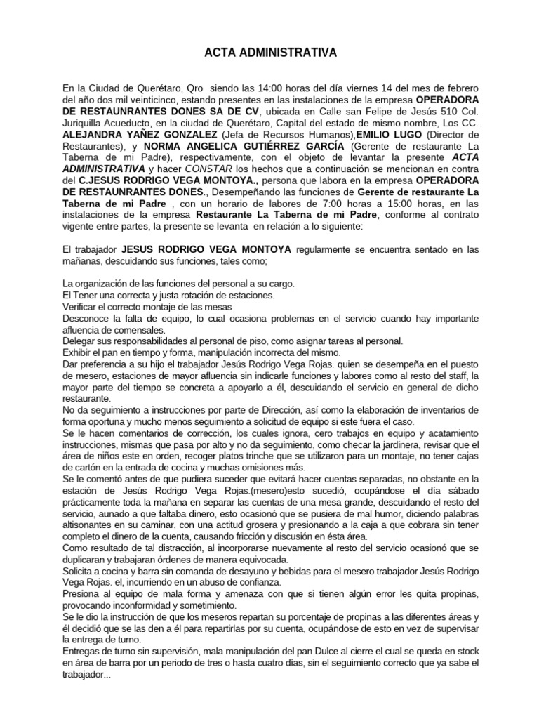 FORMATO-DE ACTA ADMINISTRATIVA POR Consumo Bebeidas Alcoholicas 2025 | PDF