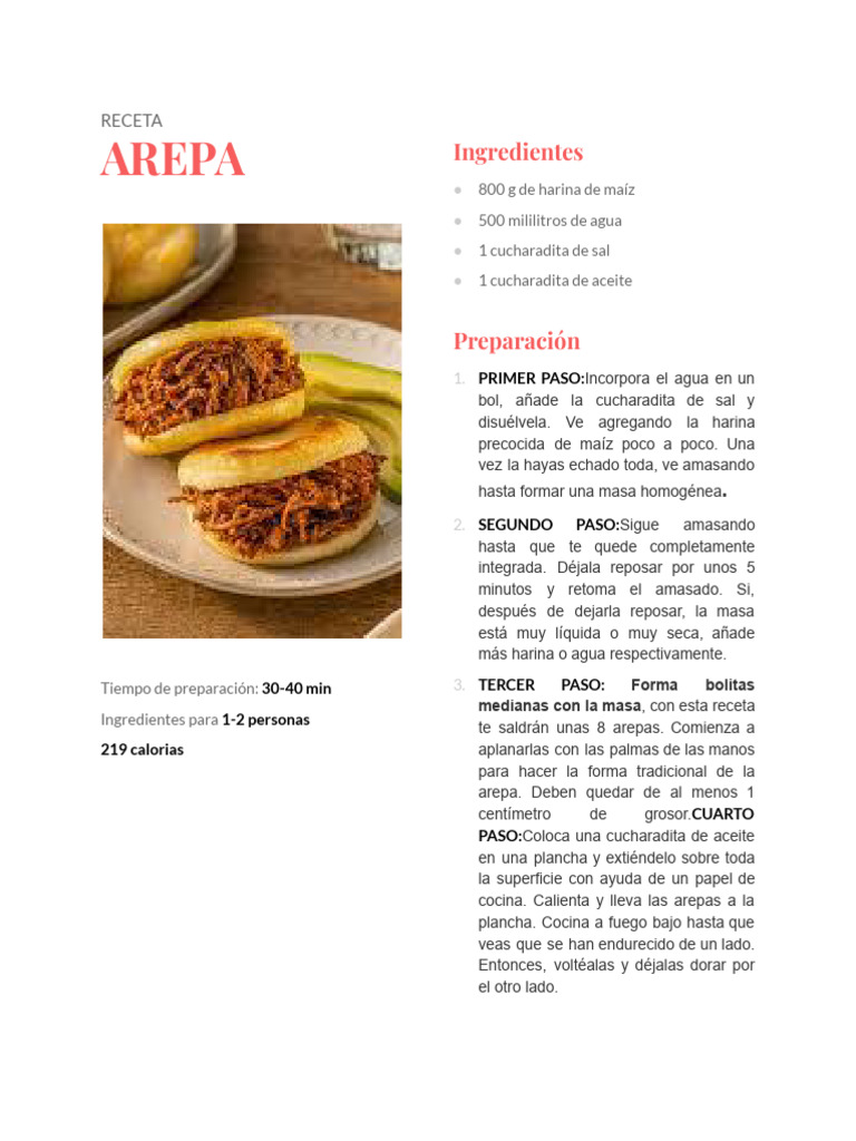 Receta Arepa | PDF | Preparación de comida y bebida | Comida y bebida