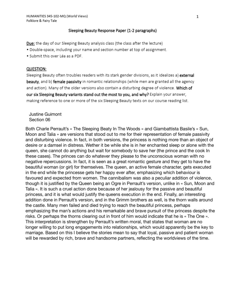 Sleeping Beauty Response Paper (2) | PDF | Sleeping Beauty | Literary ...