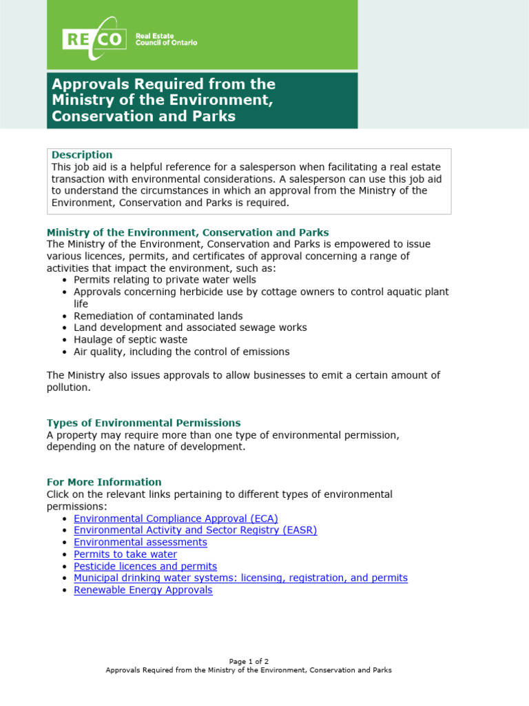 Approvals Required From The Ministry of The Environment, Conservation ...
