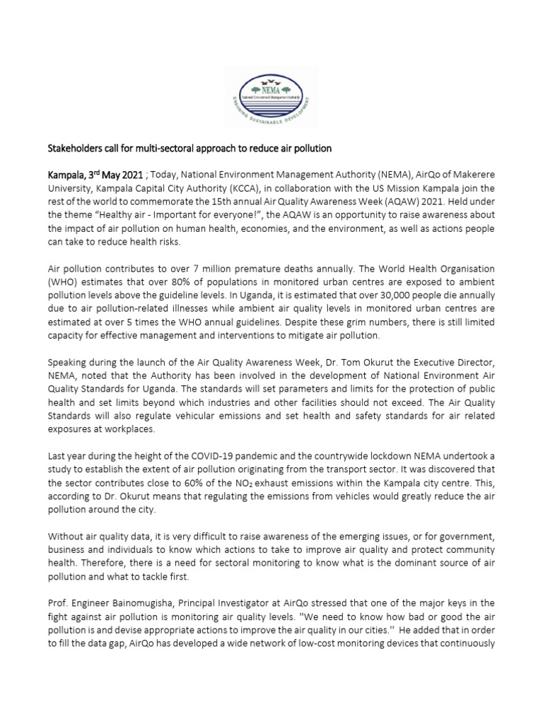 Air Quality Awareness Week Statement | PDF | Air Pollution | Pollution