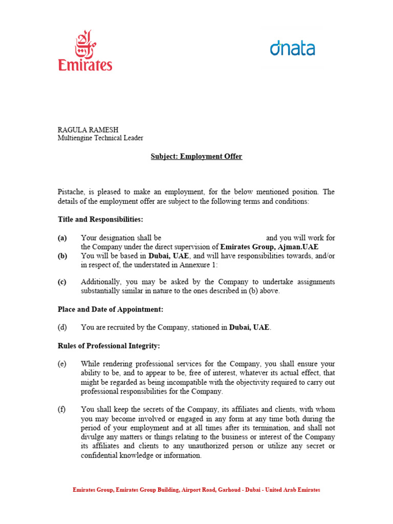 Emirates Job Offer Letter Details | PDF | United Arab Emirates | Dubai