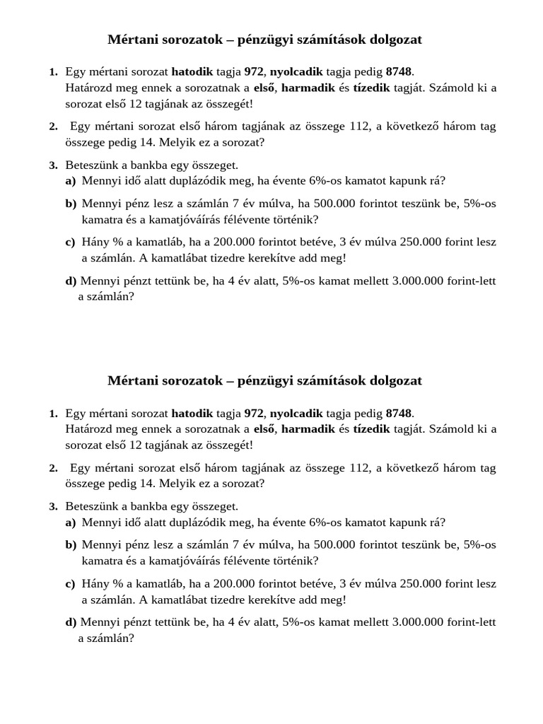 Mértani Sorozatok - Pénzügyi Számítások Dolgozat | PDF