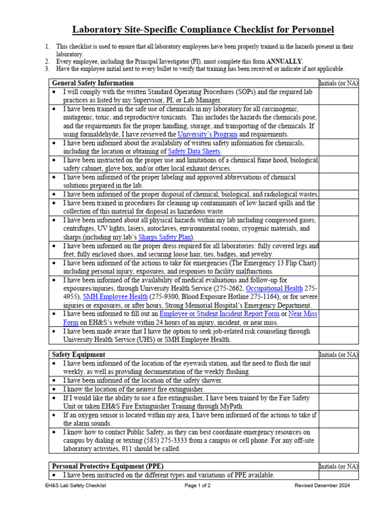 Lab Safety Compliance Checklist | PDF | Personal Protective Equipment | Laboratories