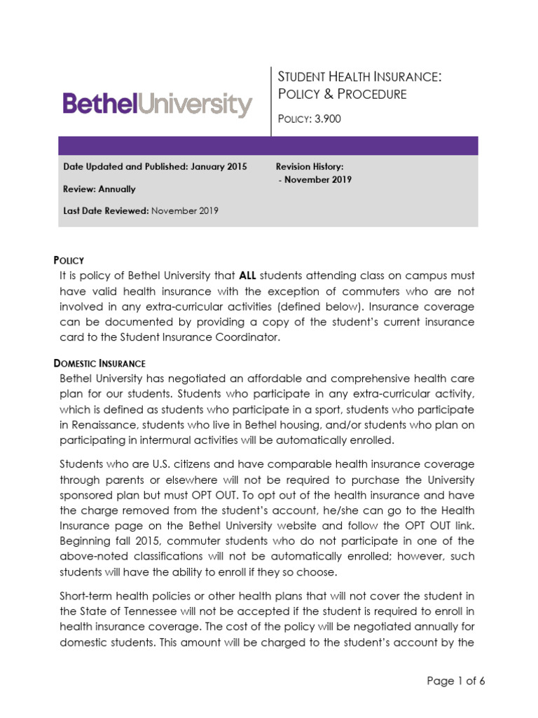 Bethel University Student Health Insurance Policy | PDF | Insurance ...