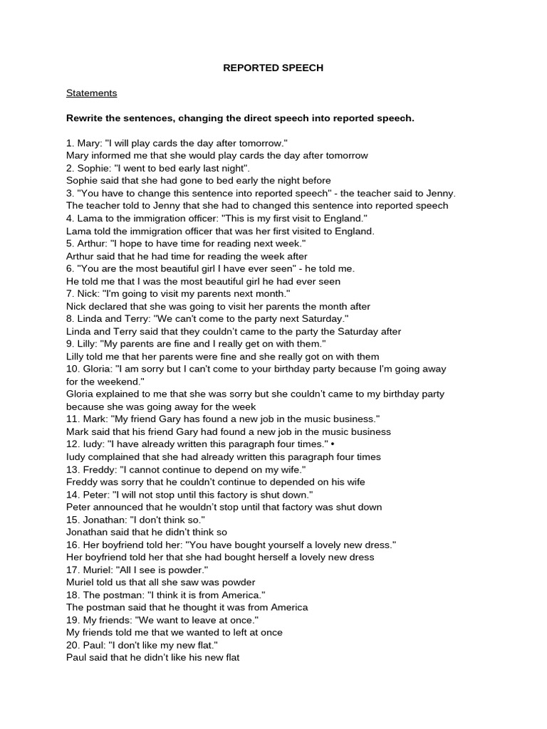 Reported Speech - Extra Practice Part 1 | PDF