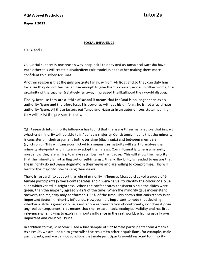 Paper 1 2023 Model Answers | PDF | Attachment Theory | Behavioural Sciences