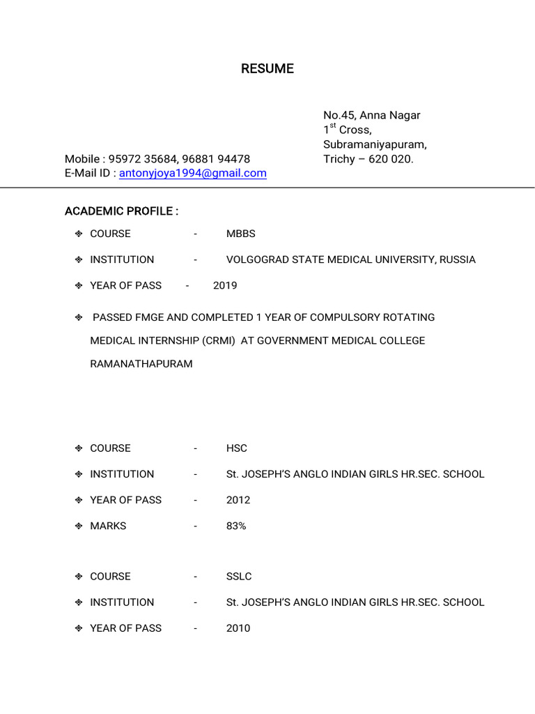 BAMS Doctor Resume: Antony Joya P. | PDF